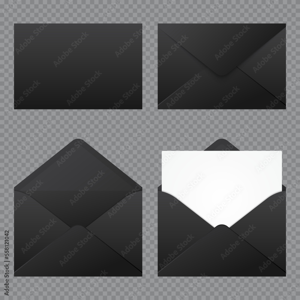 Set of realistic black envelopes mockup. Realistic black envelopes in different positions ...
