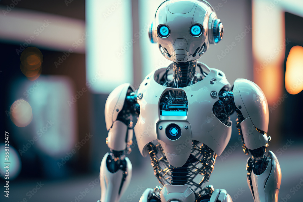 White humanoid robot with blue eyes, detailed cyborg metal body ...