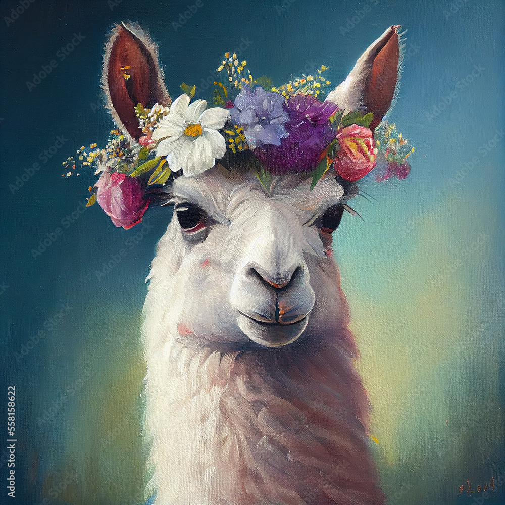 Llama with flowers on its head ai art Stock Illustration | Adobe Stock
