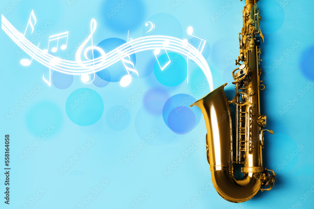 Music notes and other musical symbols flowing from saxophone on light ...