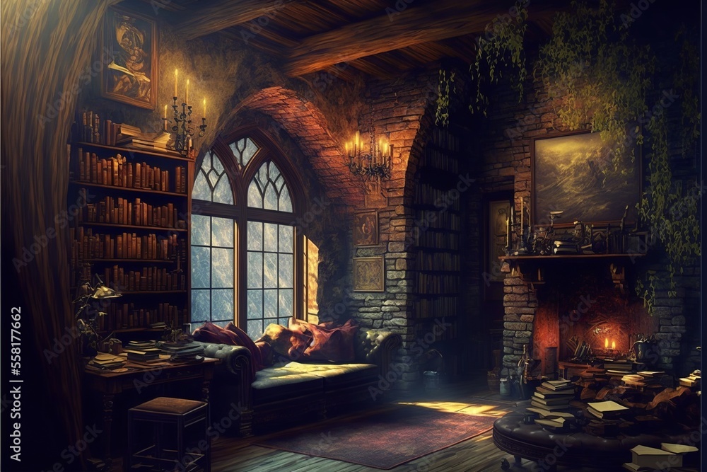 Gothic style victorian living room interior with wooden and brick wall ...