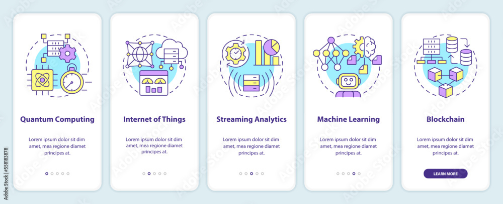 Data Science Technologies Onboarding Mobile App Screen Information Walkthrough 5 Steps Editable