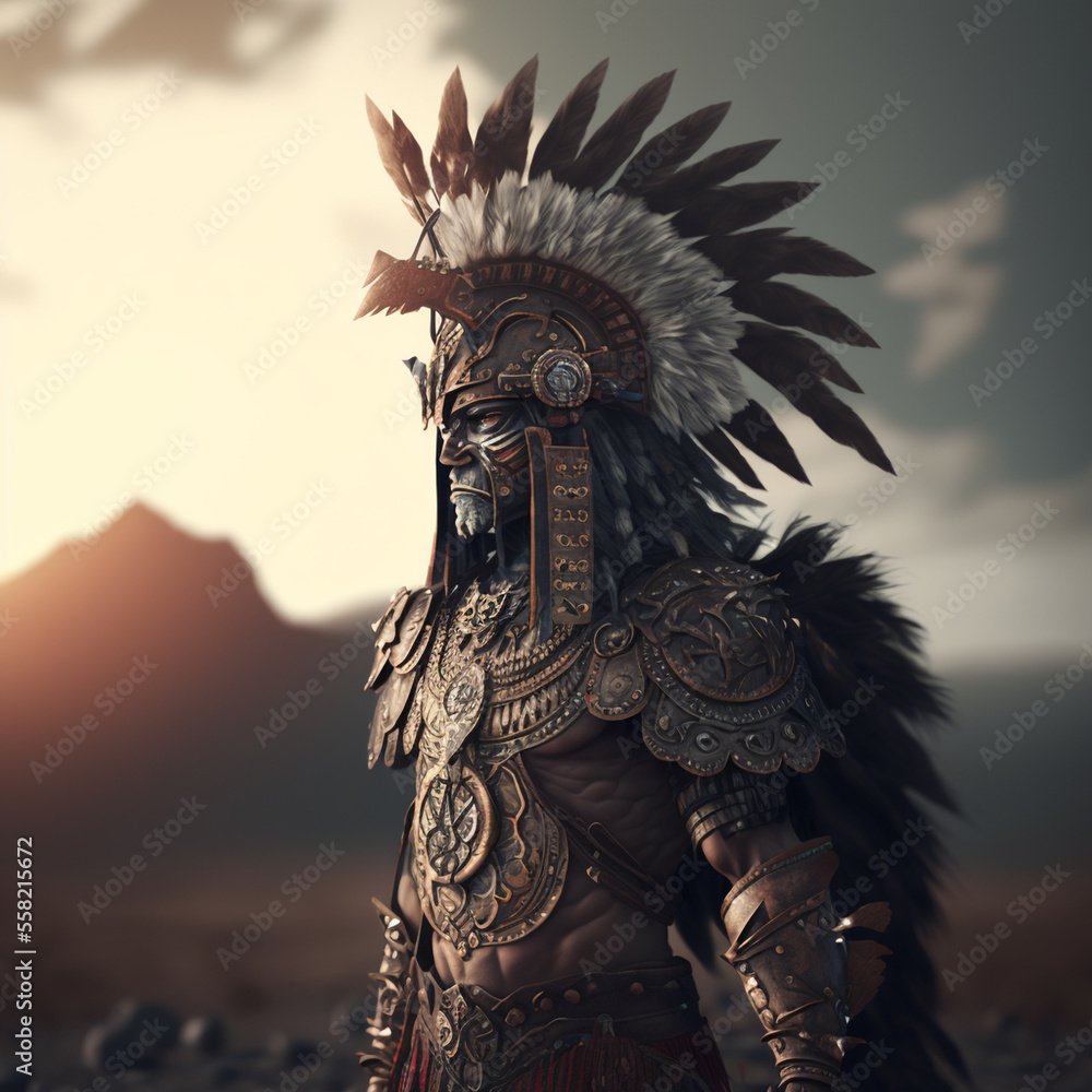 Native American portrait Mayan warrior on sunset background, Aztec ...