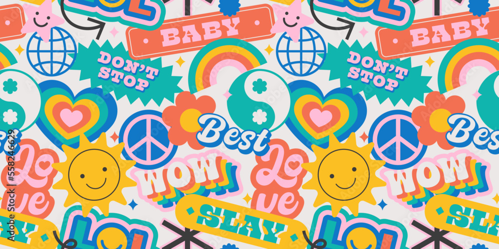 Vintage cartoon sticker label seamless pattern. Retro 90s smiley icon ...
