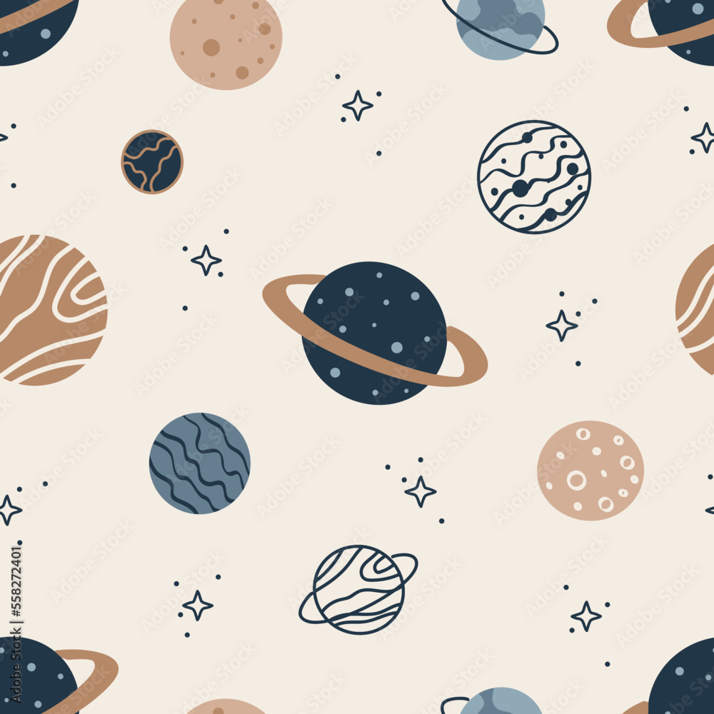 Hand drawn seamless pattern with Planets. Hand drawn space background ...