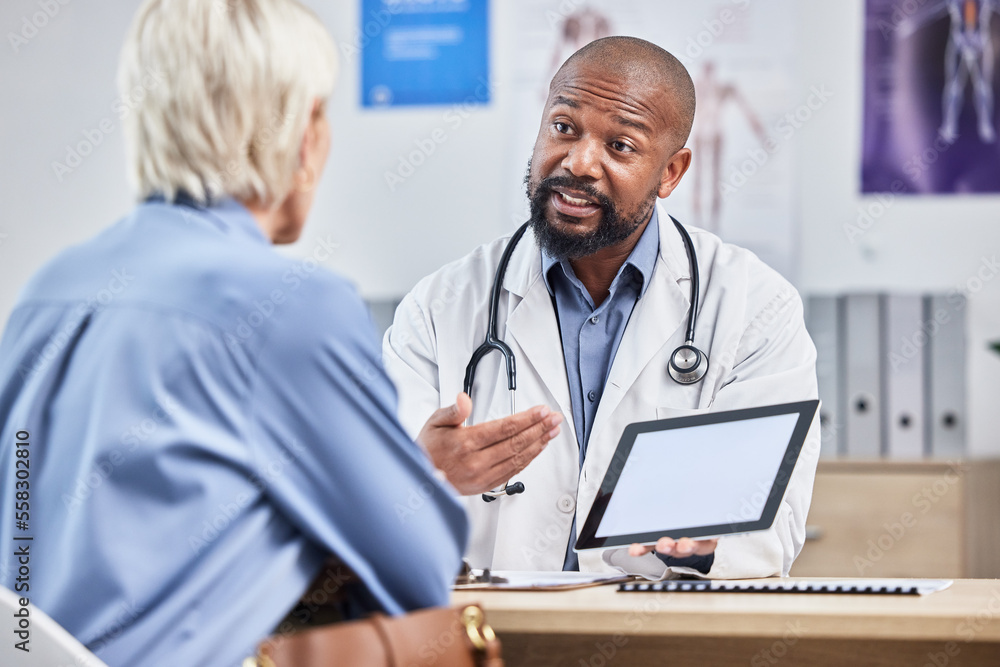 Doctor consultation, tablet mockup and patient consulting black man ...