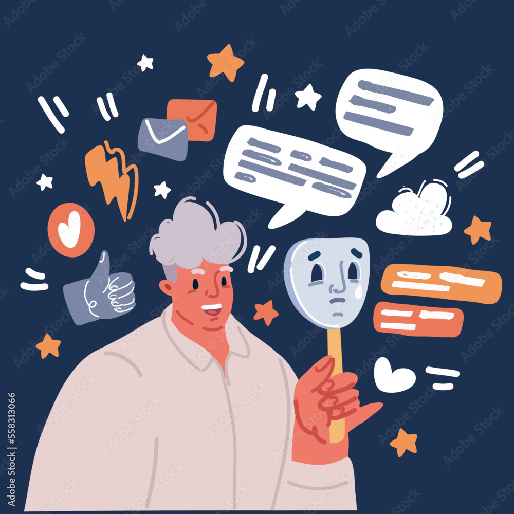 Man holding many masks and hiding real feelings vector isolated. Fake ...