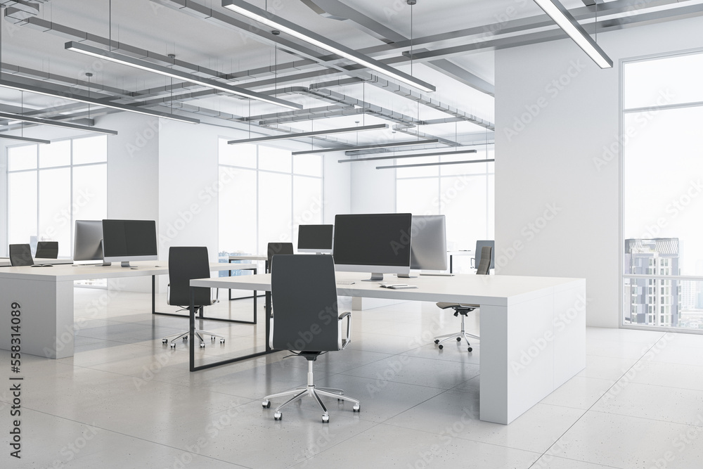 Perspective view on monochrome style open space office with modern ...
