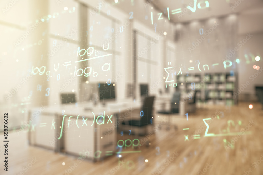 Double exposure of scientific formula hologram on modern corporate ...