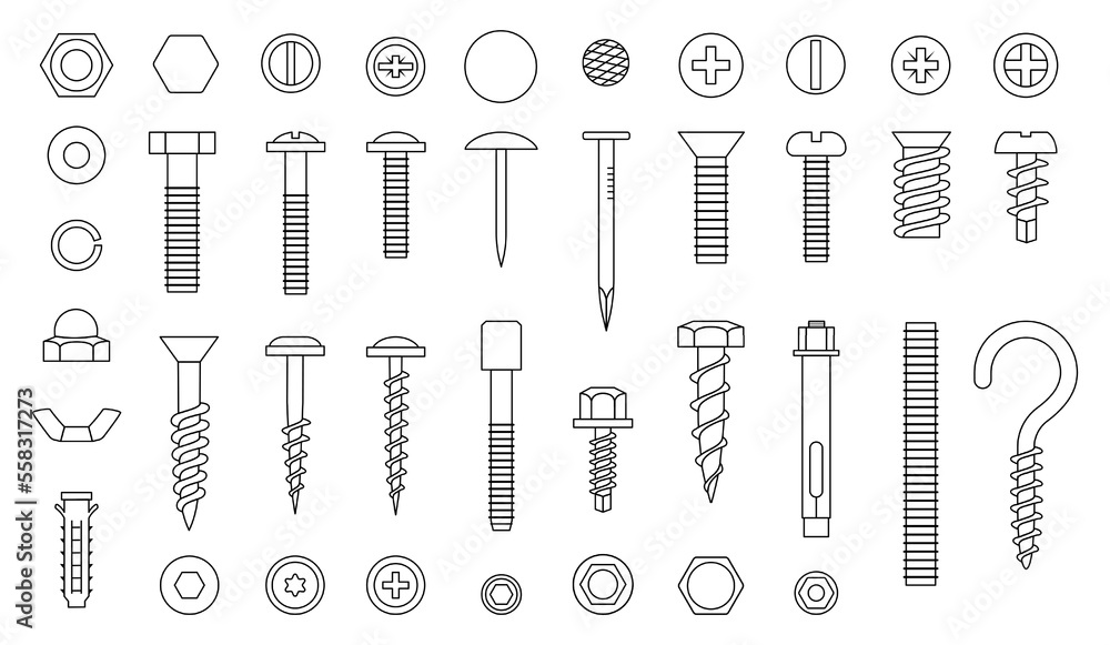 Screw line icons. Nut nail and bolt. Fixation iron river, metal ...