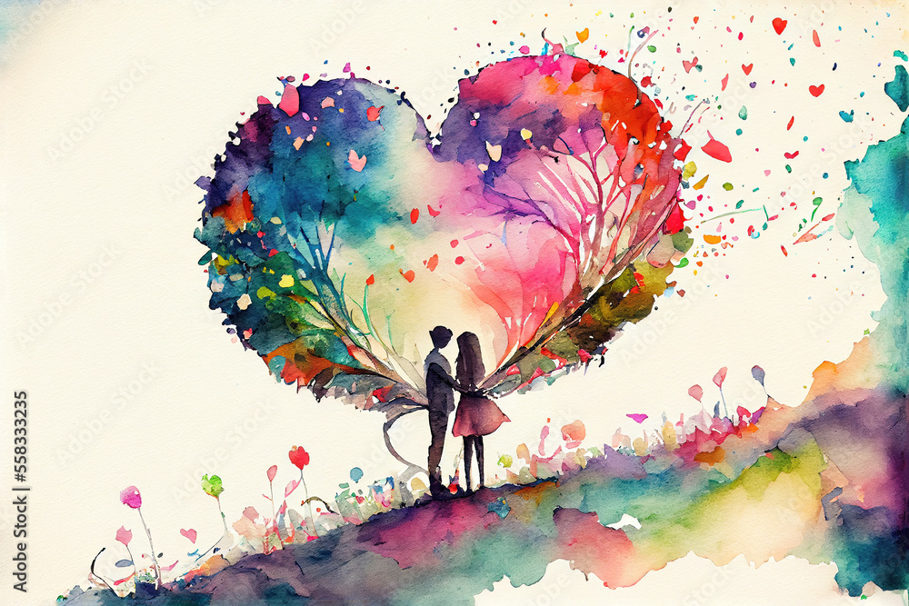 Abstract watercolor couple in love with heart-shaped tree (Generative ...