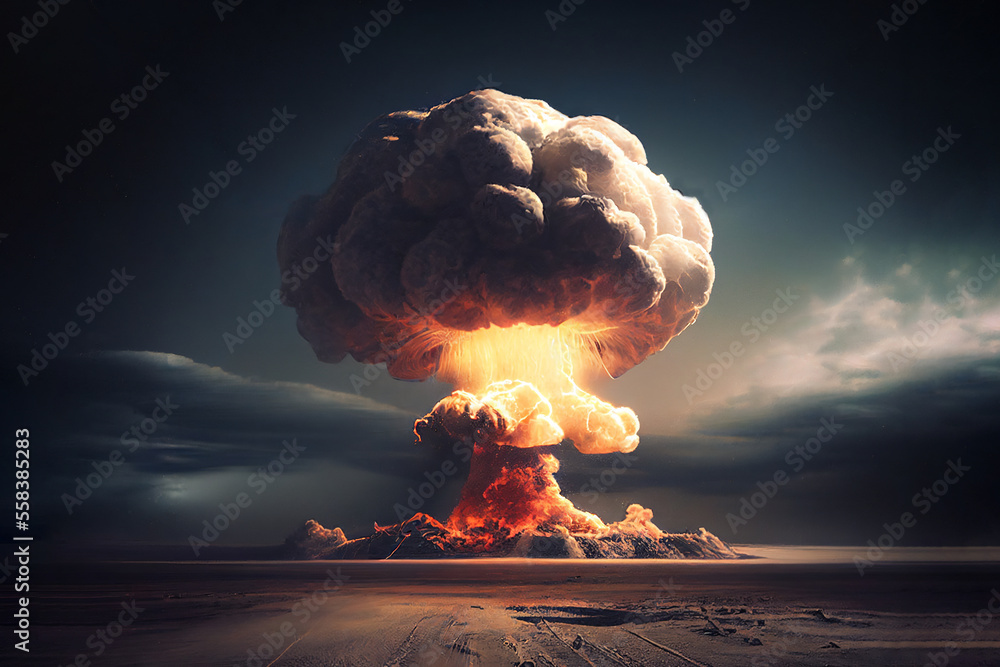 Nuclear explosion of an atom bomb with a mushroom cloud causing an apocalyptic Armageddon ...