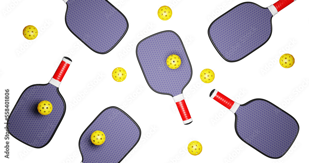 A lot of pickleball rackets with plastic balls on a transparent ...
