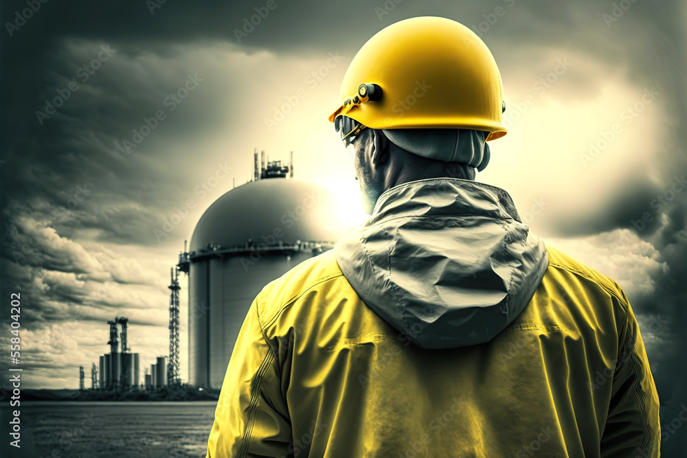 An engineer who wears with fully safety PPE is standing in front of the ...