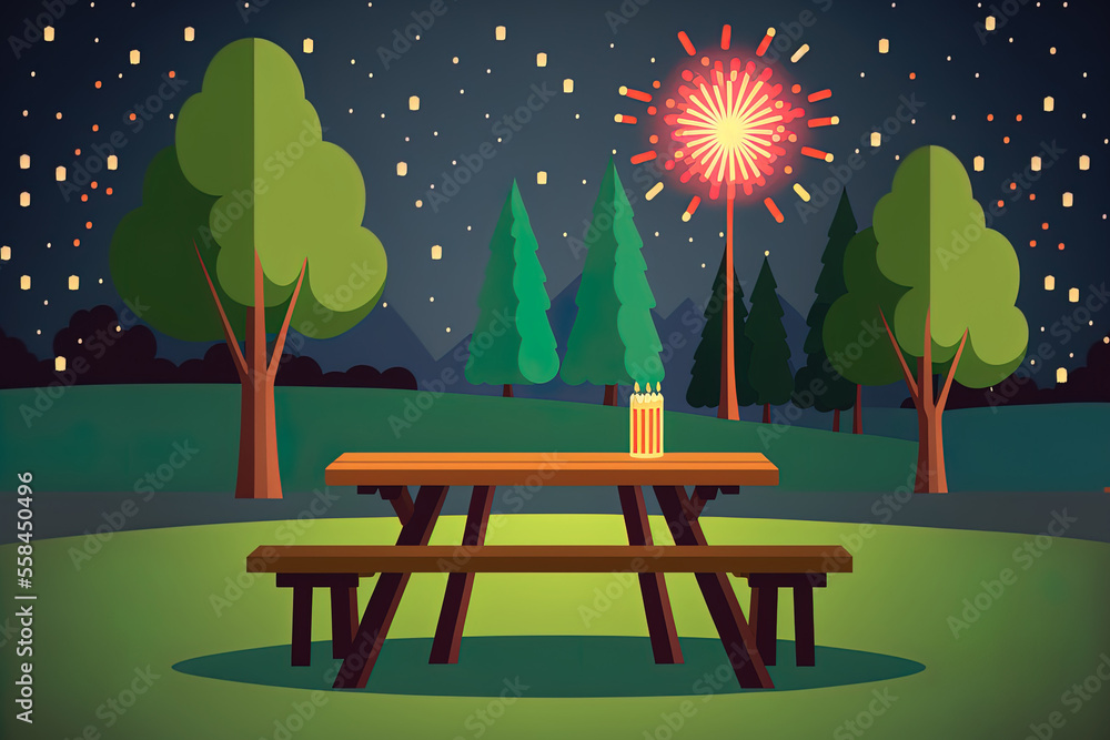 Wooden picnic table in a city park, with a nighttime fireworks show ...