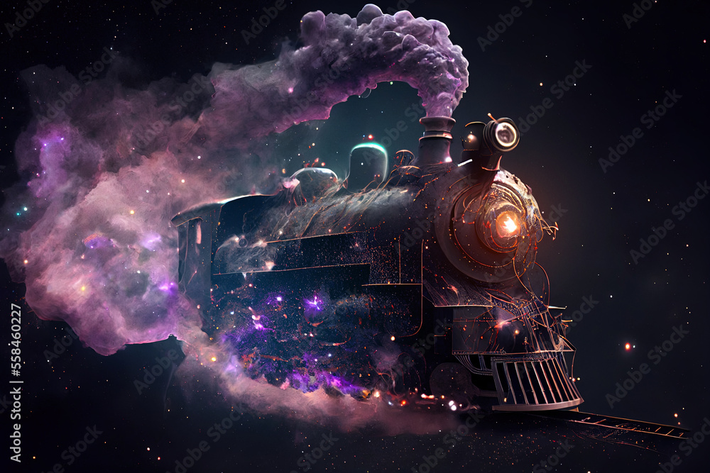 Fantasy old train at universe with the sky full of stars and aurora ...
