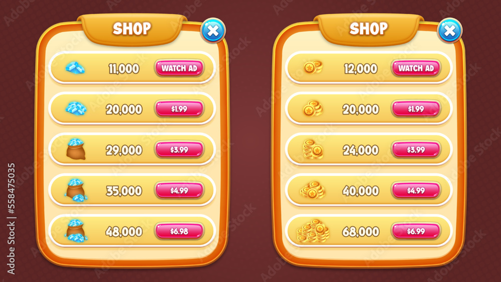 Game UI vector set - diamond and coin shop popups and buttons with ...