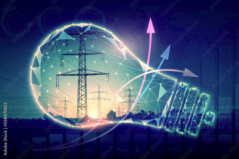 Renewable energy concept. Glowing symbolic light bulb and power ...