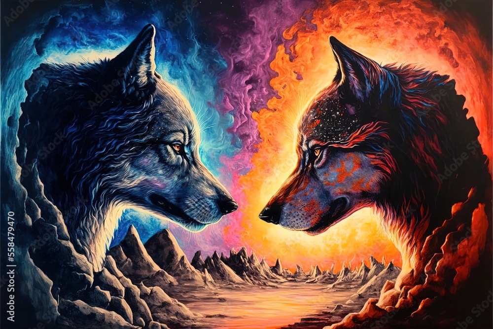 "Old Cherokee Story: An AI Generated Illustration of Two Wolves in Oil ...