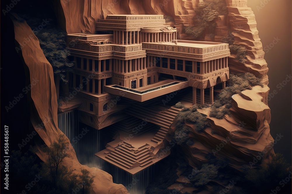 4K resolution or higher, terracotta styled fallingwater engulfed in ...