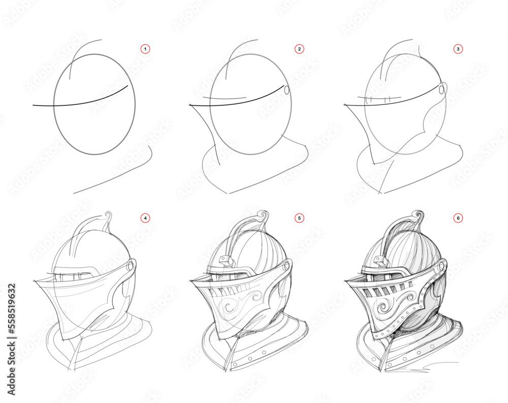 Page shows how to learn to draw sketch of ancient knight helmet. Pencil ...