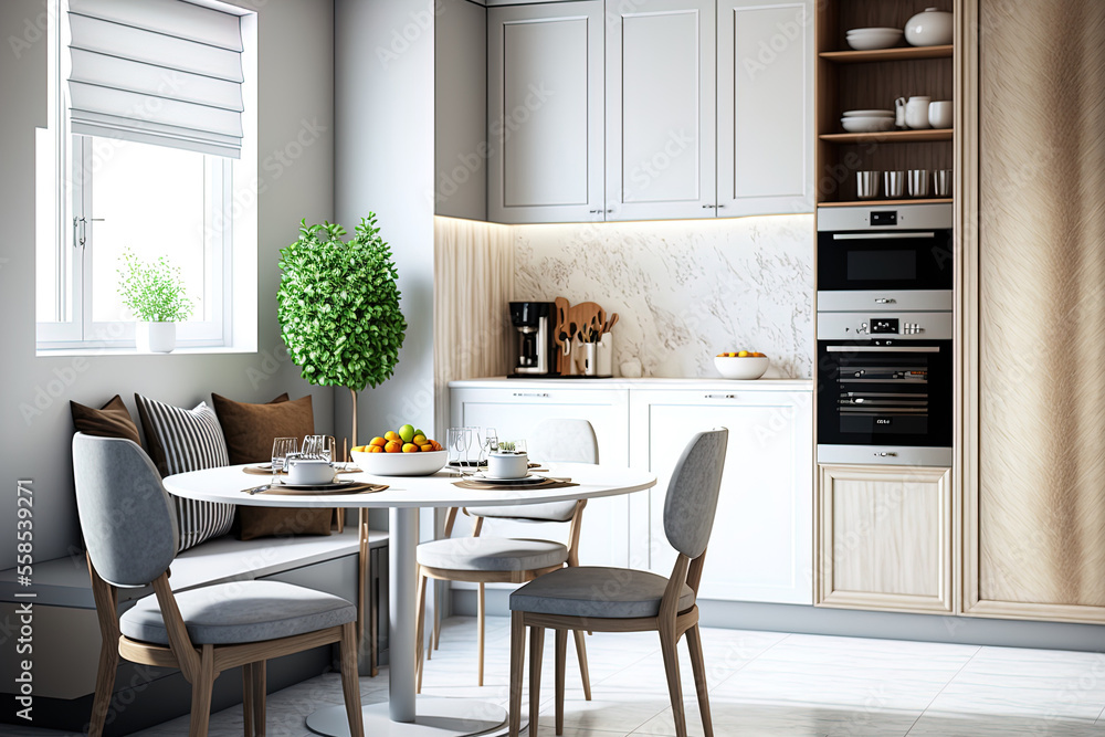 Modern kitchen nook with white walls, wood cabinets and counters, built ...