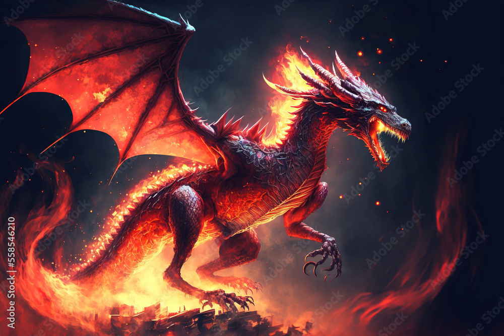 Fire breathes explode from a giant dragon in a black night, the epic ...