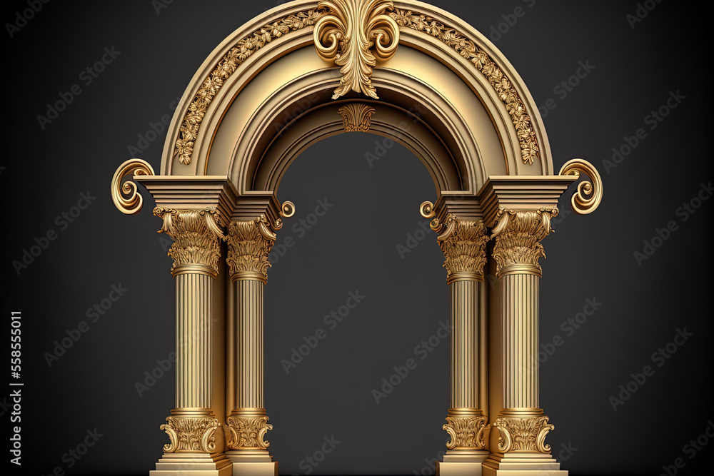columns and a golden luxury classic arch. the baroque style portal. The ...