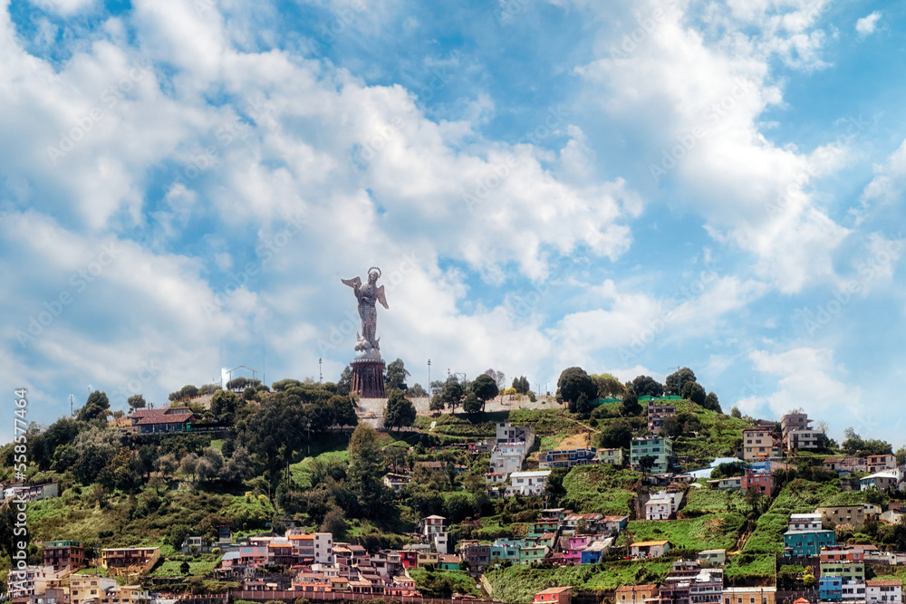 Quito historic city center with Panecillo Hill and Virgin of Quito ...