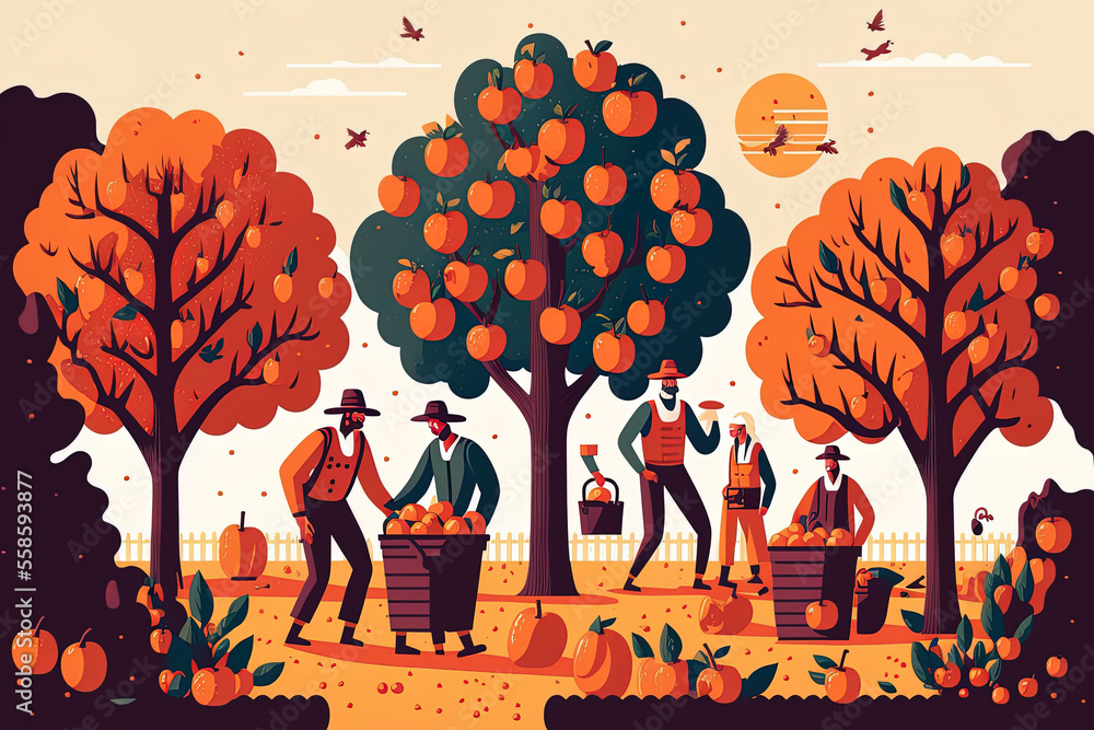 People collecting seasonal fruits from trees in a garden, group of ...