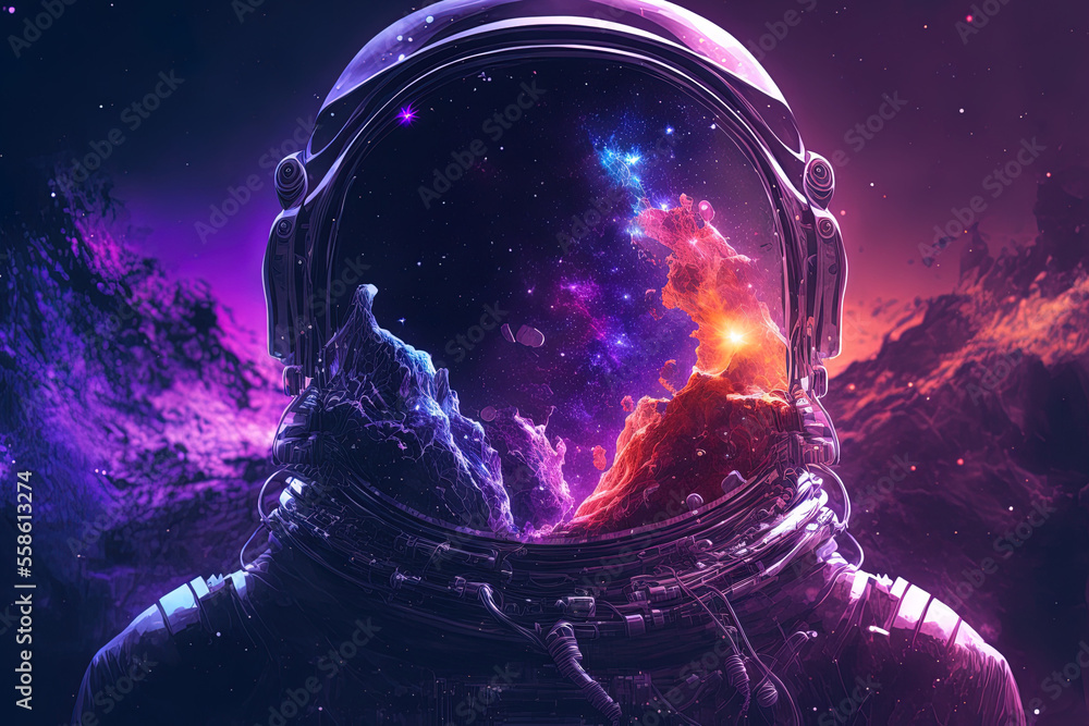 Astronaut in space with stars, a galaxy, a purple and blue nebula, and galaxies reflected in his ...
