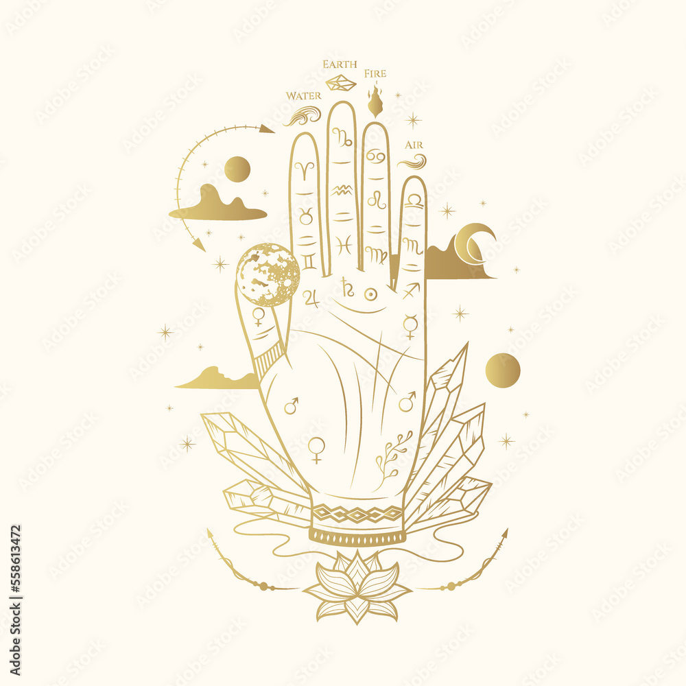 Golden hand with planets, clouds, palmistry diagram and signs of the four elements. Hand drawn ...