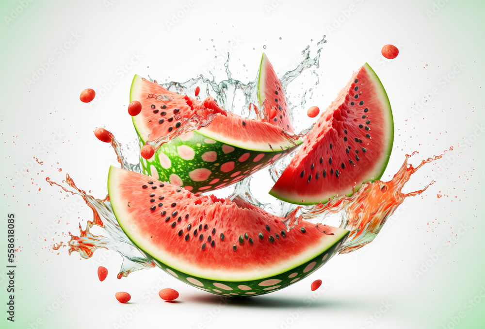 Fresh slices of watermelon flying on a plain background with exploding juice splash. Generative ...