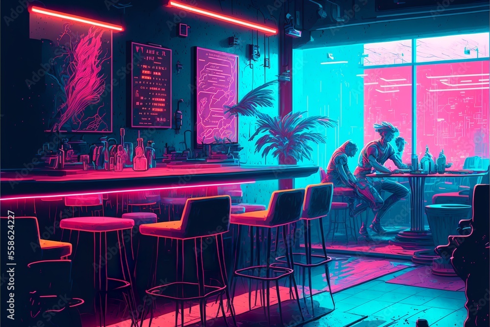 Retro and futuristic synthwave restaurant bar interior in Califronia ...