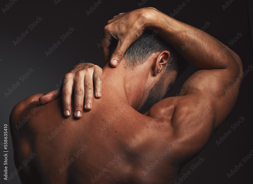 Bodybuilder man, studio and back muscle with hands, wellness and touch ...