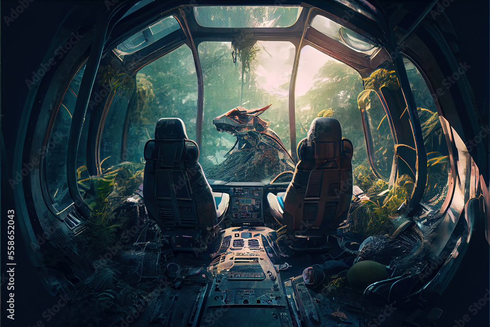 Crashed space shuttle and alien creature outside, interior of abandoned spaceship overgrown by ...