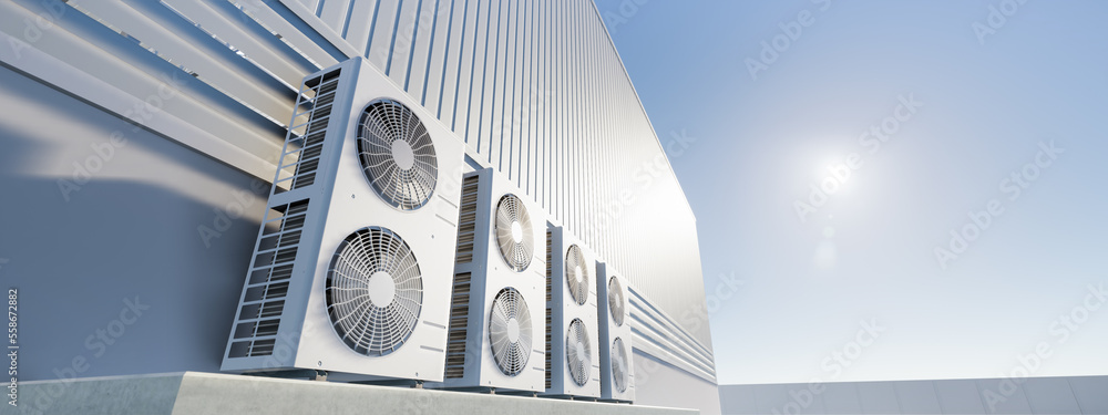 3d rendering of condenser unit or compressor outside factory plant ...