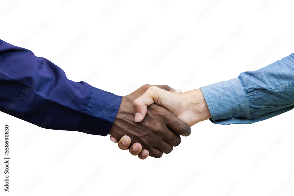 construction workers shaking hands together with co-workers ...