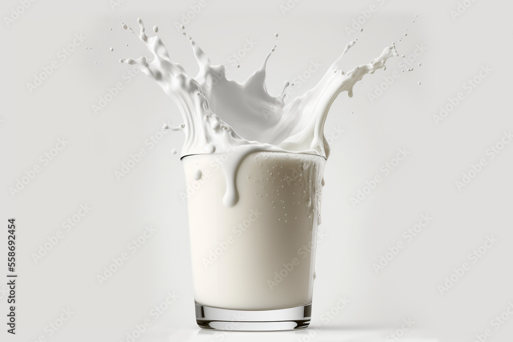 Fresh milk splash. Pouring milk into milk glass creating splash on a ...