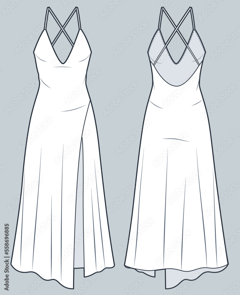 Asymmetric Dress technical fashion illustration. Strap maxi Dress ...