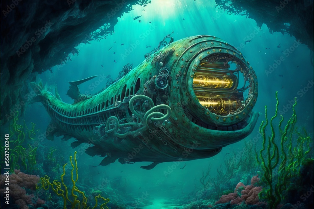 Aquatic deep sea sci-fi robotic biomechanical submarine creatures in ...