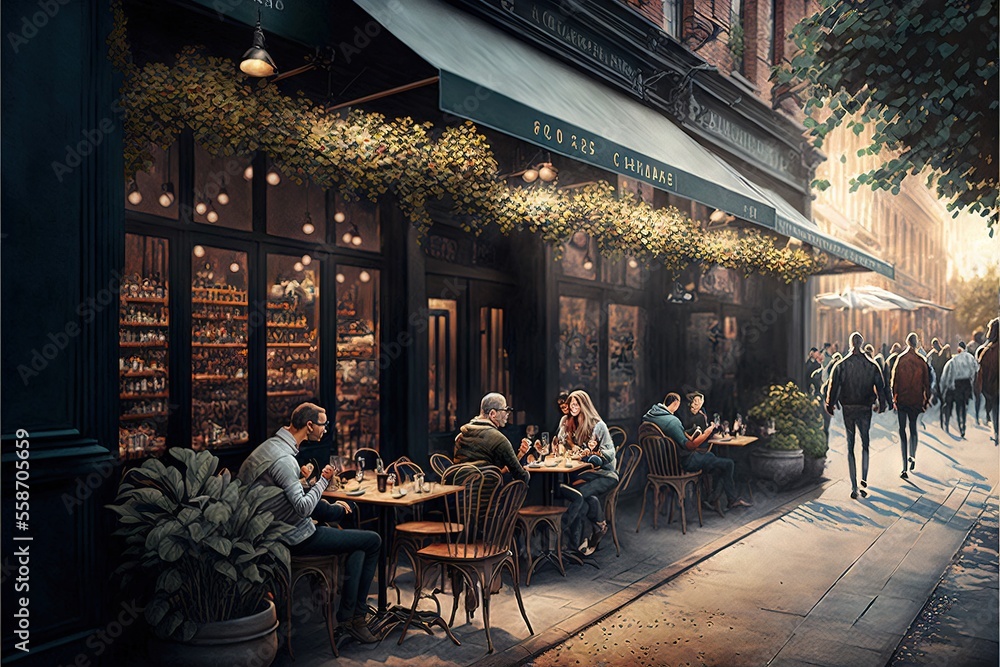 Ilustración de Stock a painting of people sitting at tables outside of ...