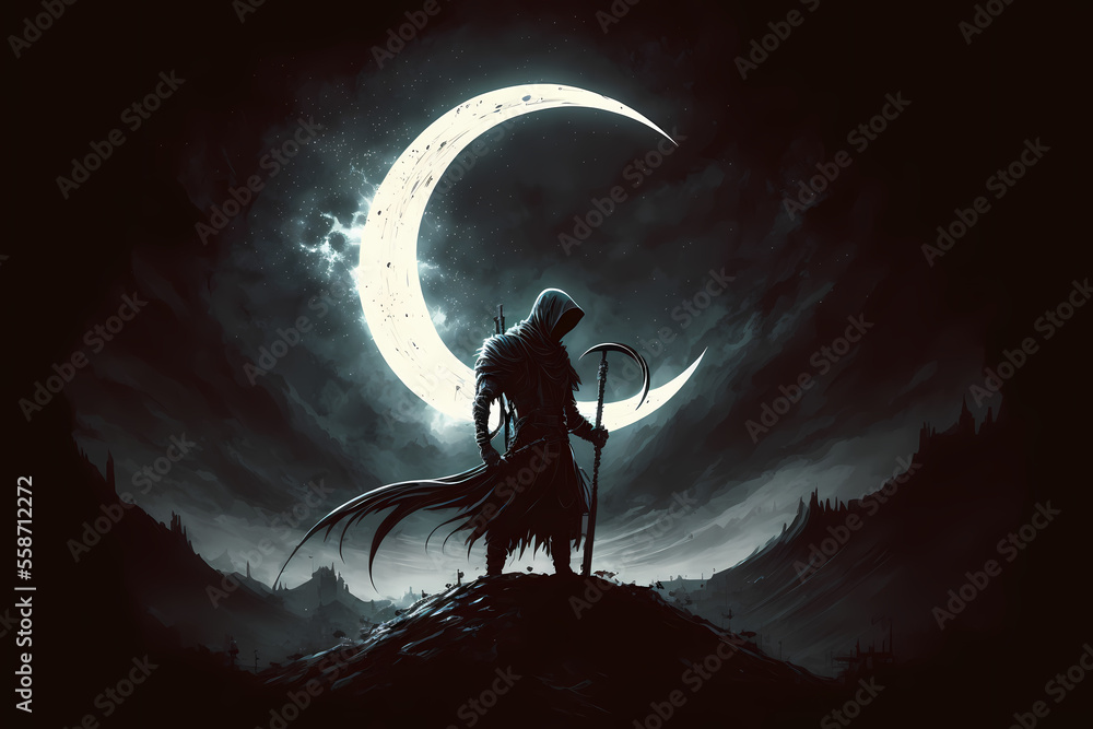 The Death holding the reaper scythe against a shining half moon, dark ...
