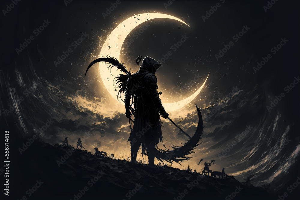 The Death holding the reaper scythe against a shining half moon, dark ...