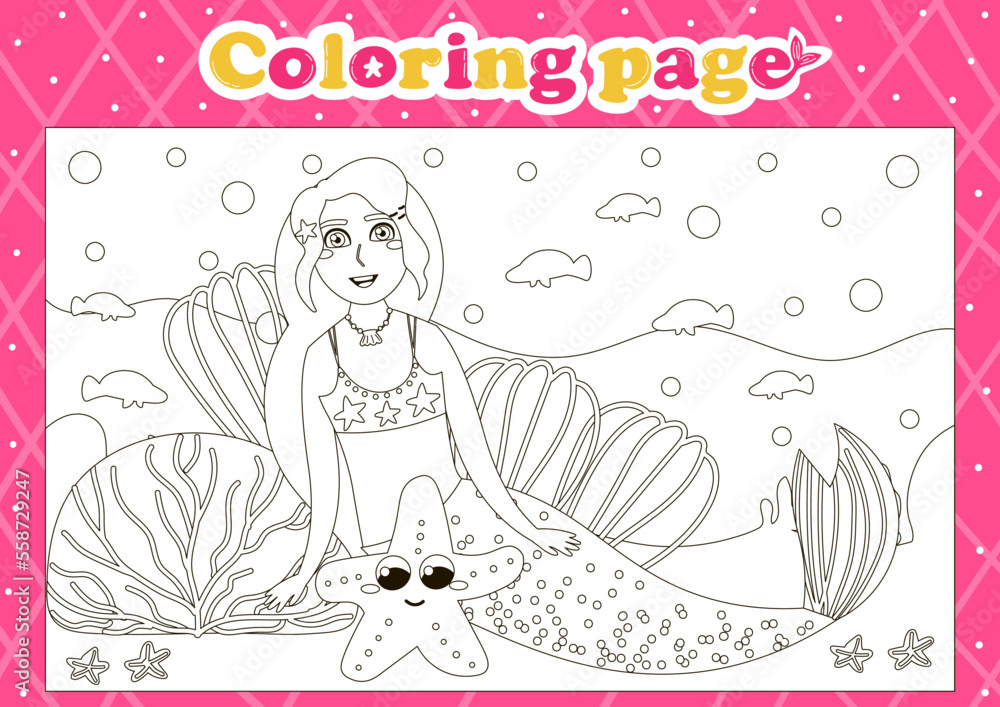Fairytale themed coloring page for kids with cute mermaid character and ...