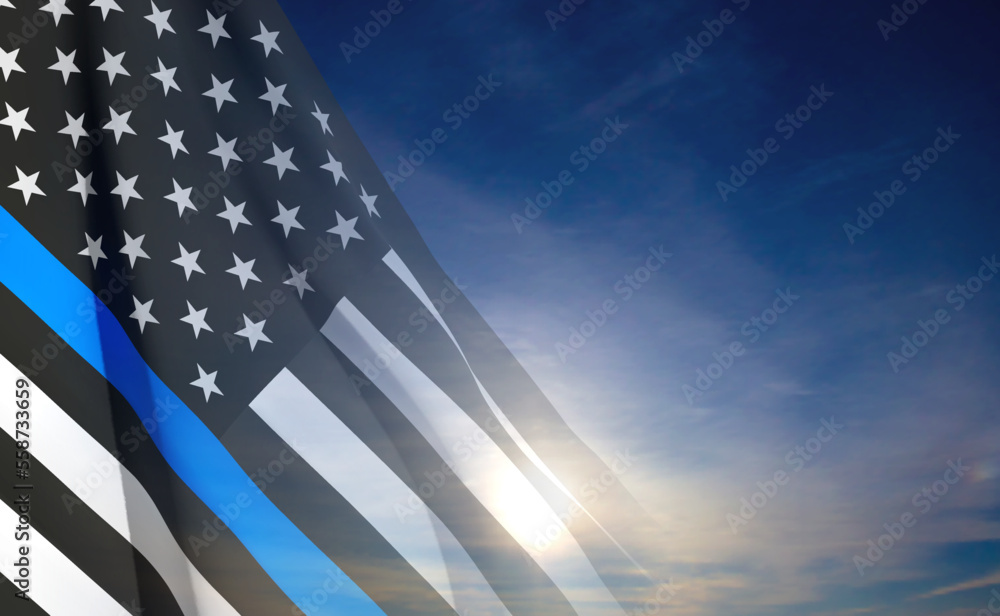 Thin Blue Line. American flag with police blue line on a background of ...