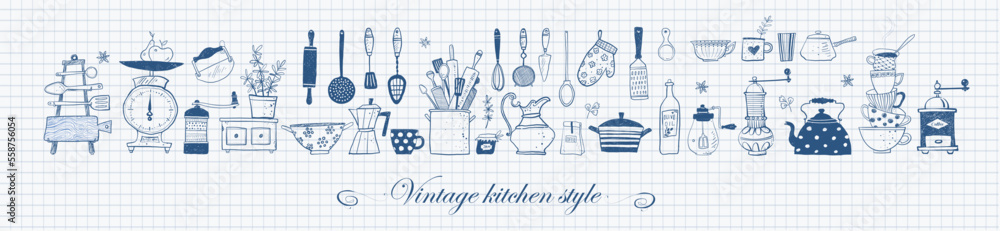 Composition with blue pen doodle kitchen utensils on lined paper ...