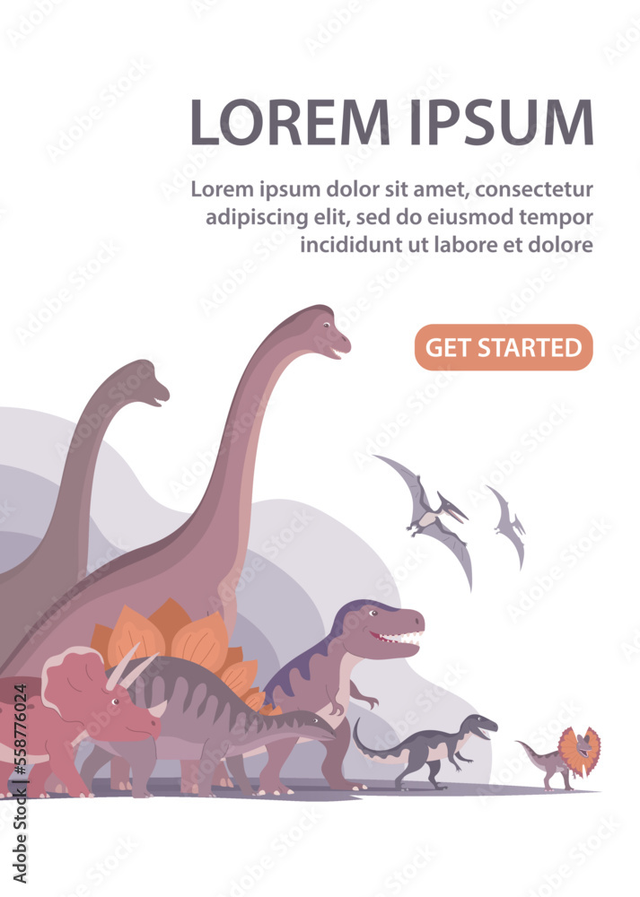 Group of dinosaurs. T rex, brachiosaurus, pteranodon and triceratops ...