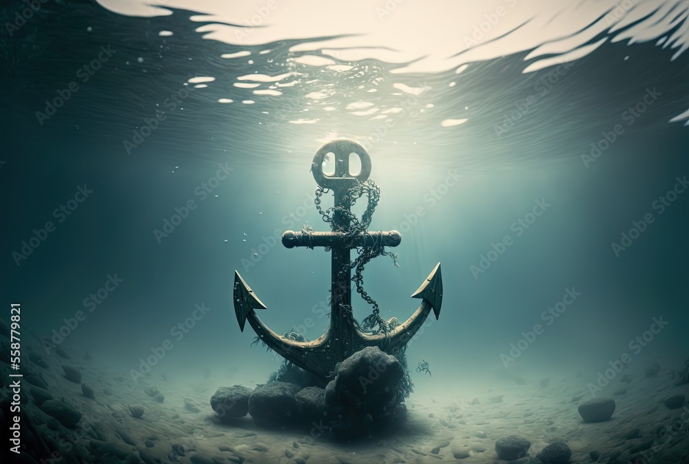 illustration of big iron anchor that abandoned at ocean floor with sung ...