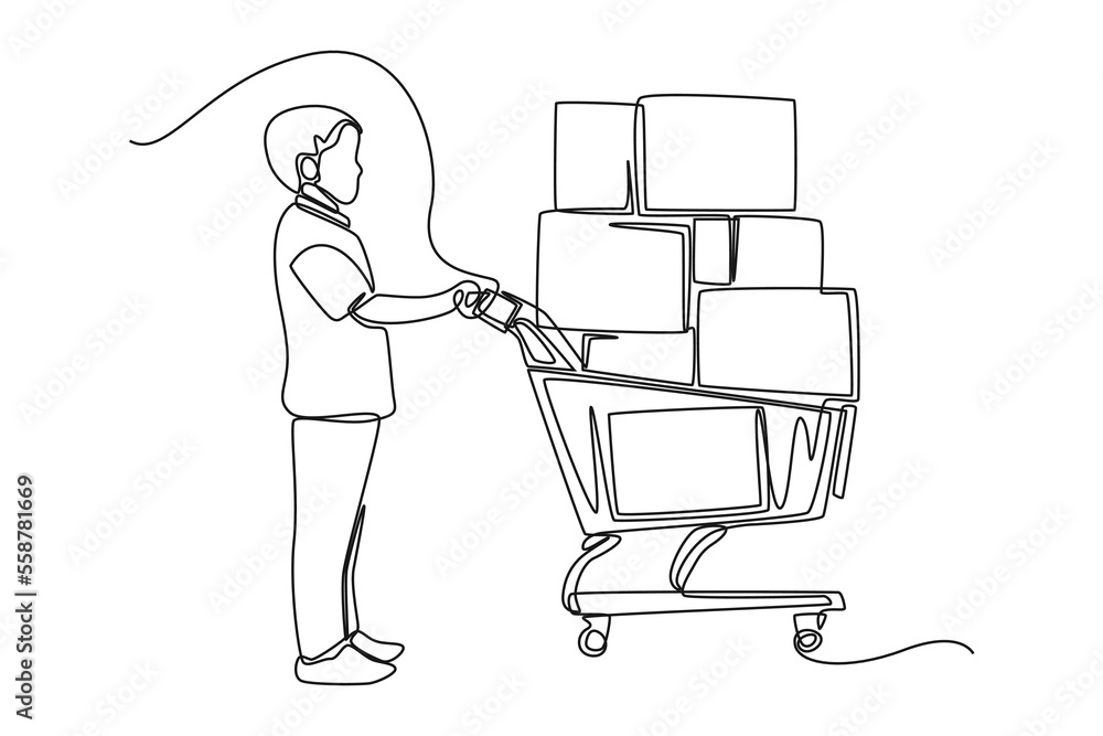 Continuous one line drawing Little boy push a trolley full of ...